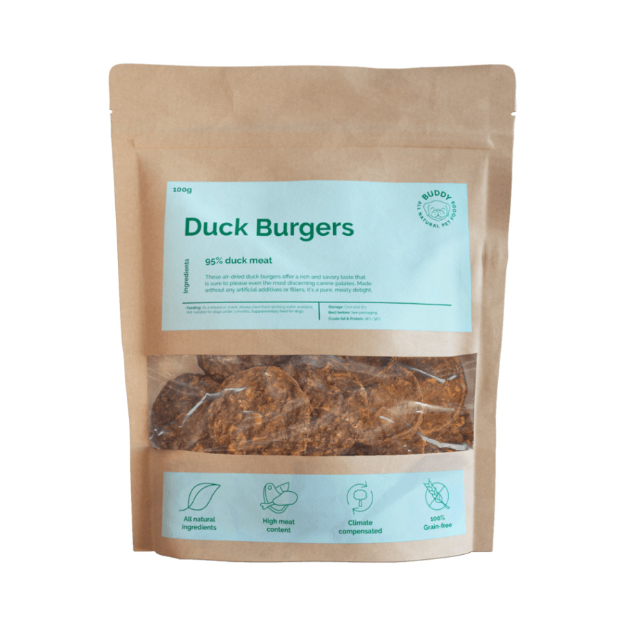 Köp Buddy Duck Burgers till din hund | Tinybuddy